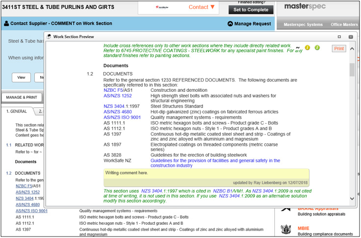 Commenting on your work section - Masterspec